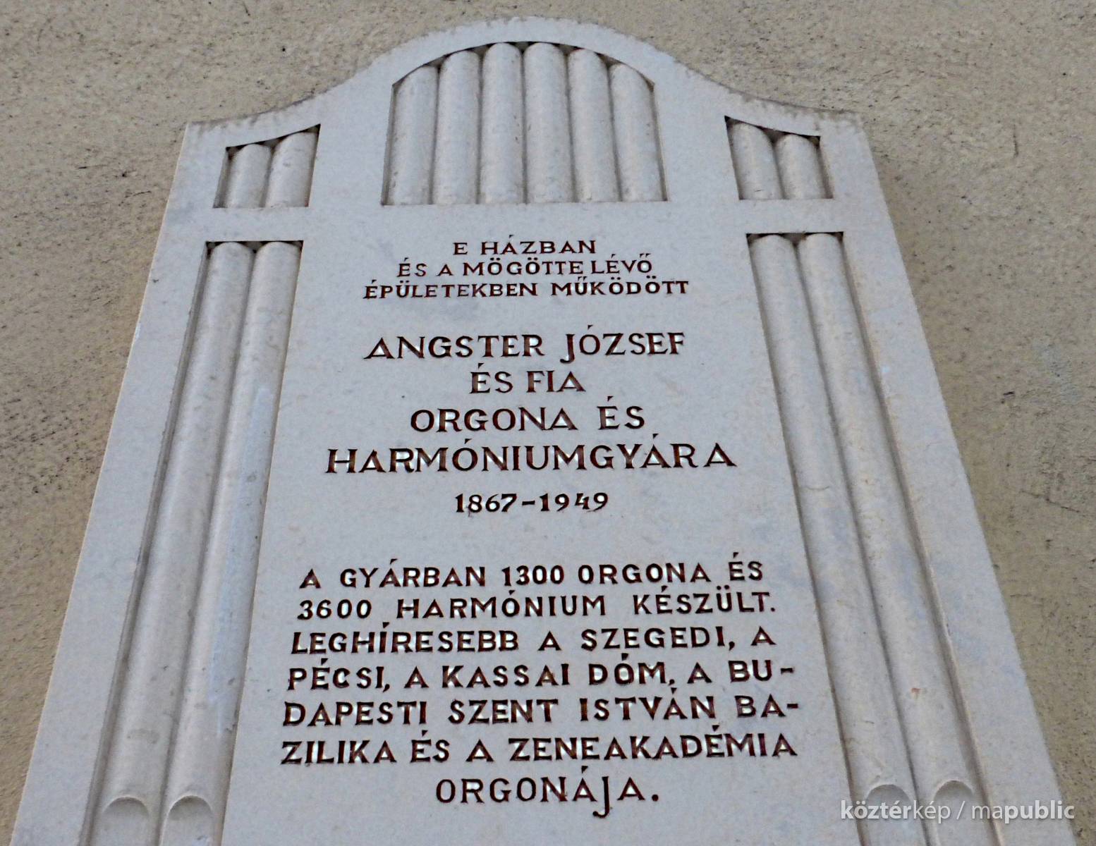Angster József és fia Orgona- és Harmóniumgyárának emléktáblája – Köztérkép